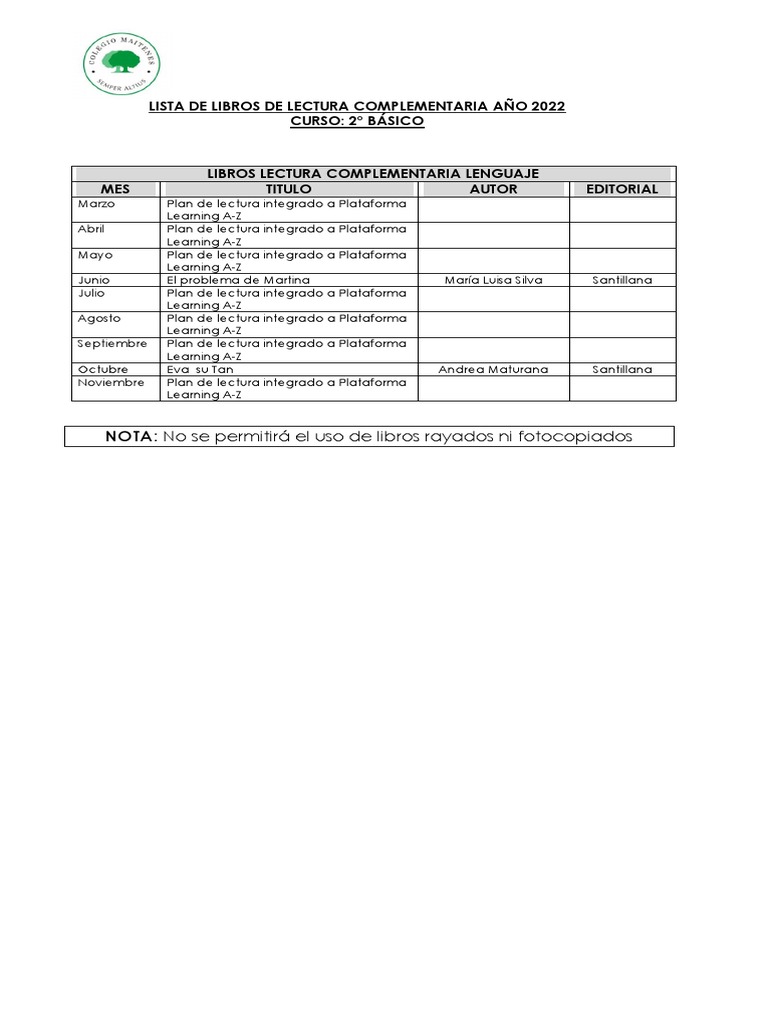 Lista de Libros Lectura Complementaria 2° Basico | PDF