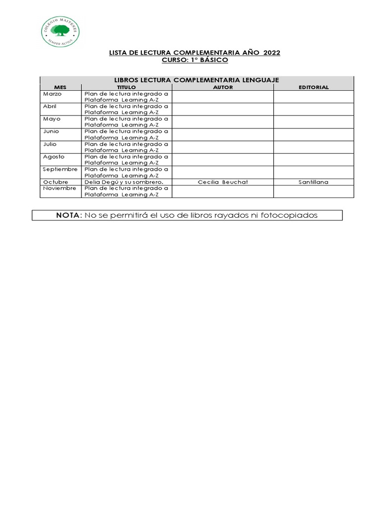 Lista de Libros Lectura Complementaria 1° Basico | PDF