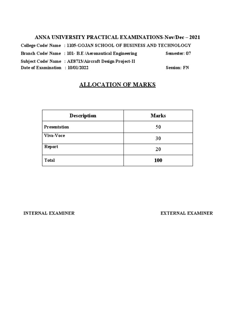 Allocation of Marks: Anna University Practical Examinations-Nov/Dec ...
