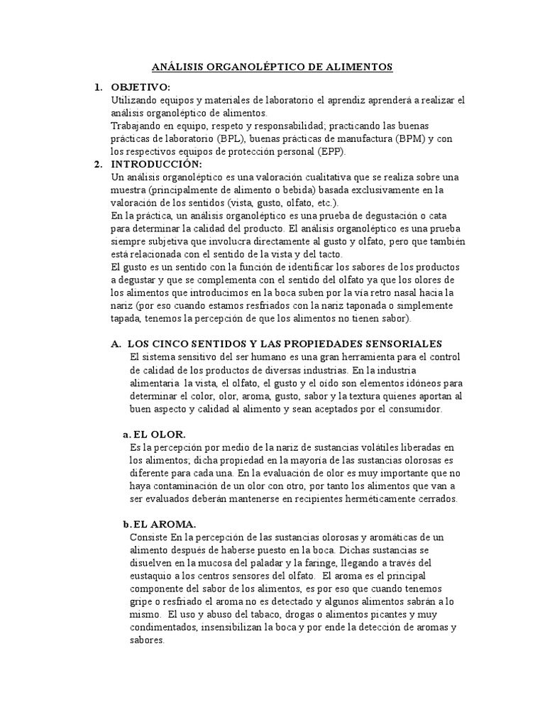Análisis Organoléptico de Alimentos | PDF | Sabor | Olfato