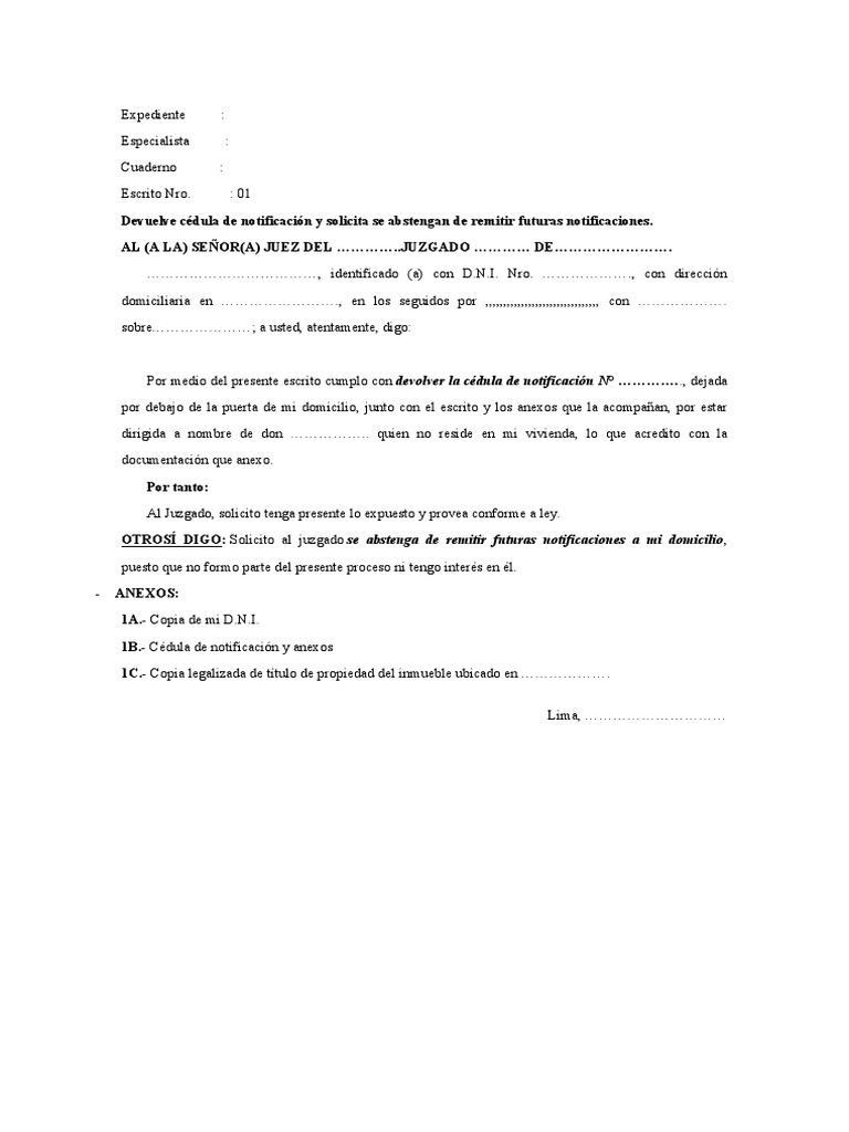 Modelo de Escrito Judicial de Devolución de Cédula de Notificación | PDF