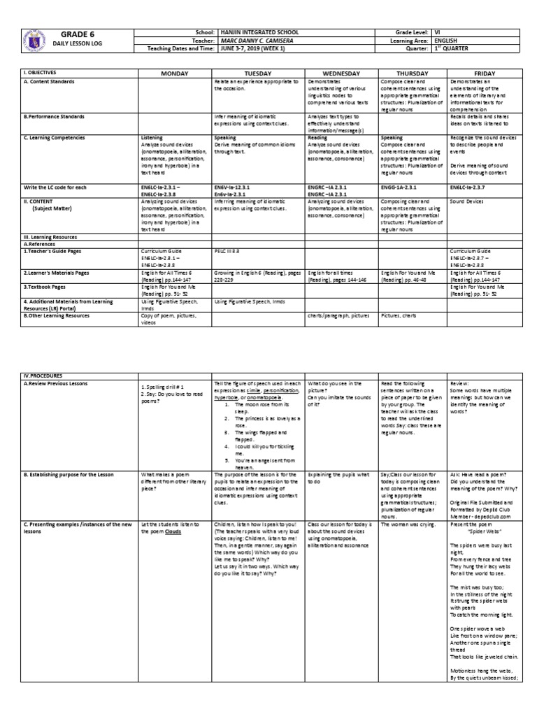 Grade 6: Monday Tuesday Wednesday Thursday Friday | PDF | English ...