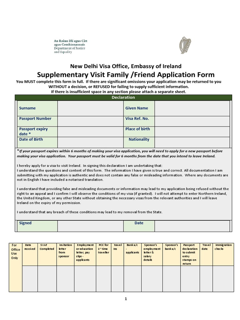 Supplementary Visit Family /friend Application Form: New Delhi Visa ...
