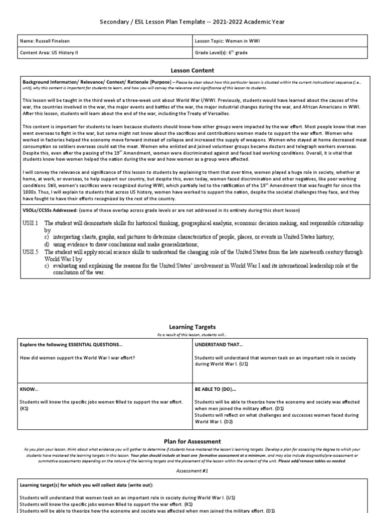 Women's Roles in WWI Lesson Plan | PDF | Cognition | Learning