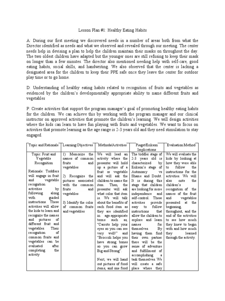Lesson Plan #1 - Healthy Food | PDF | Human Life Stages | Behavioural ...