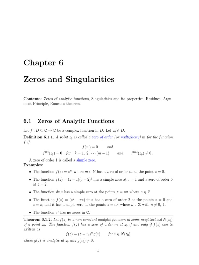 Zeros and Singularities: 6.1 Zeros of Analytic Functions | PDF | Analytic Function | Function ...