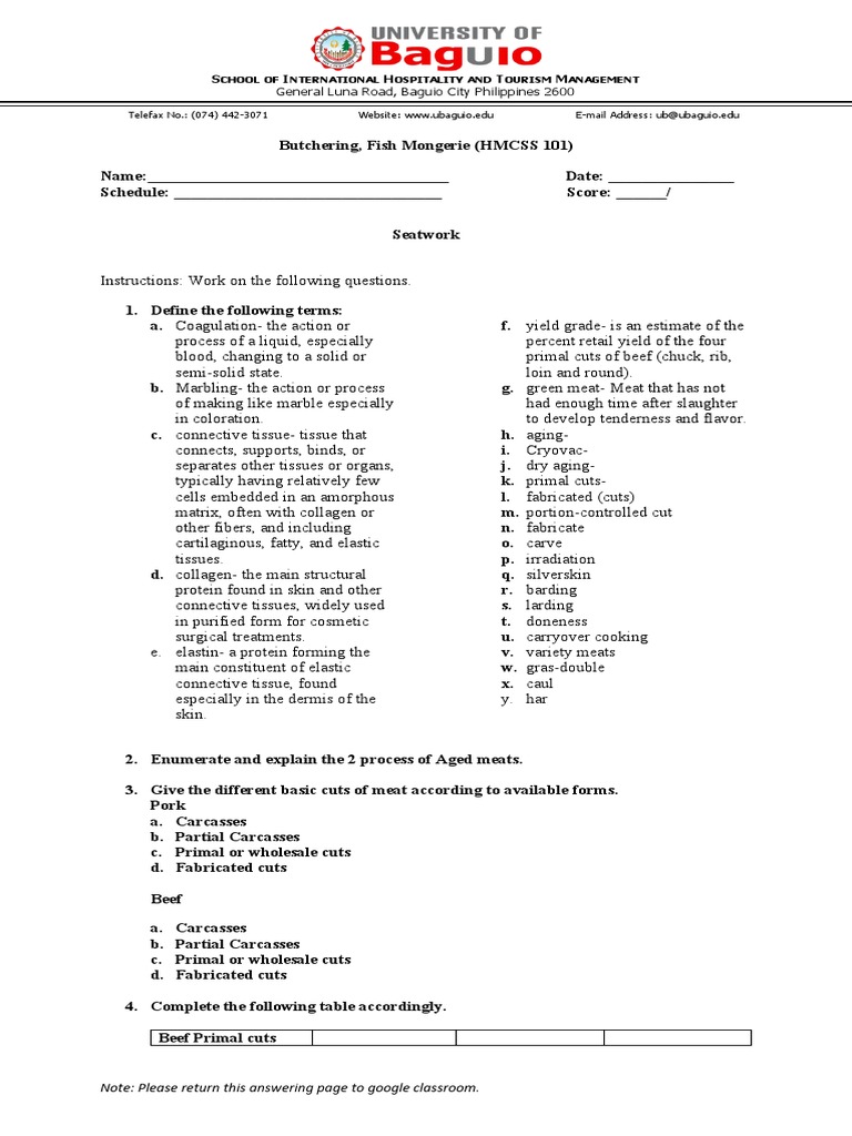 Tabamo Mark Lawrenz C. Meat Pork and Beef Seatwork | PDF | Beef | Connective Tissue