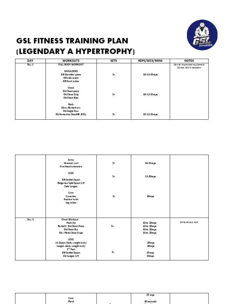GSL Fitness Training Plan (Legendary A Hypertrophy) : DAY Workouts Sets ...