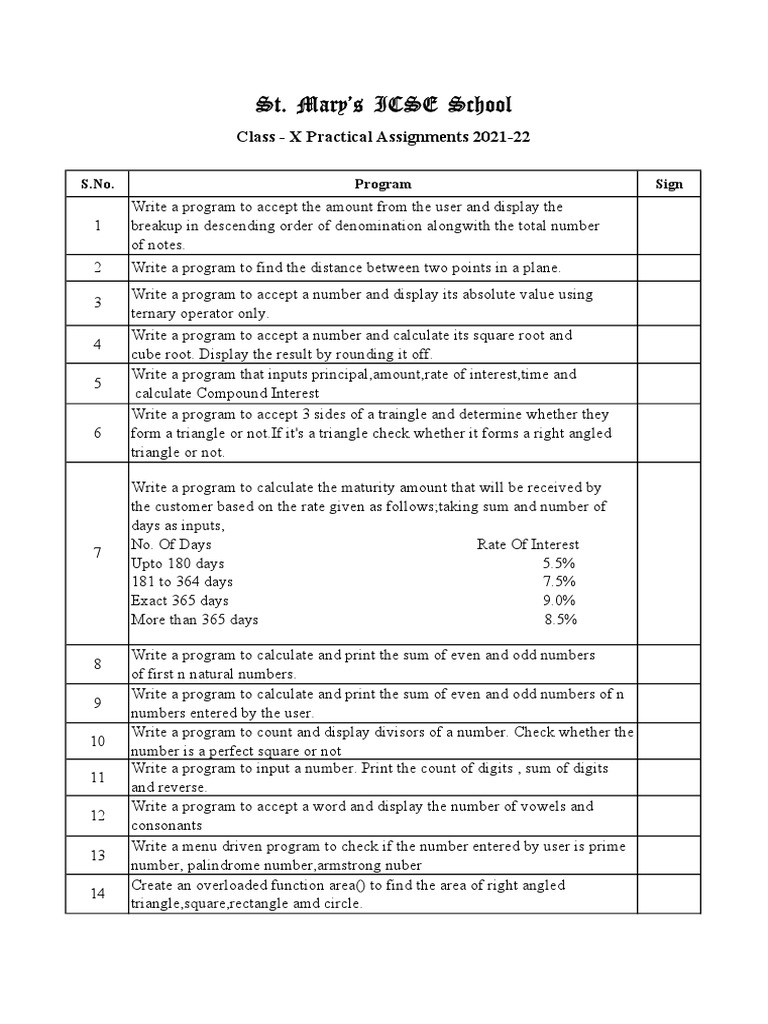 Grade X - Computer Applications - Practical Assignment | PDF | Numbers ...