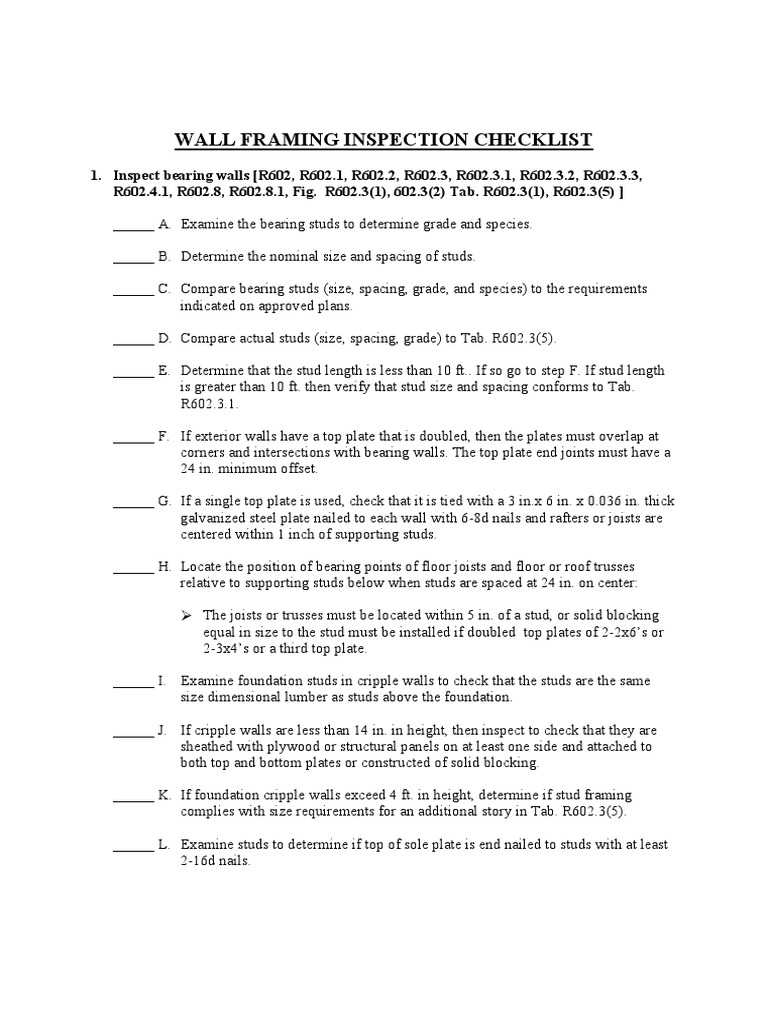 Wall Framing Inspection Checklist | PDF | Framing (Construction ...