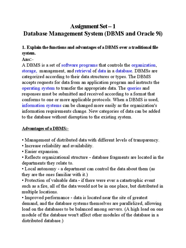Assignment Set - 1 Database Management System (DBMS and Oracle 9i ...