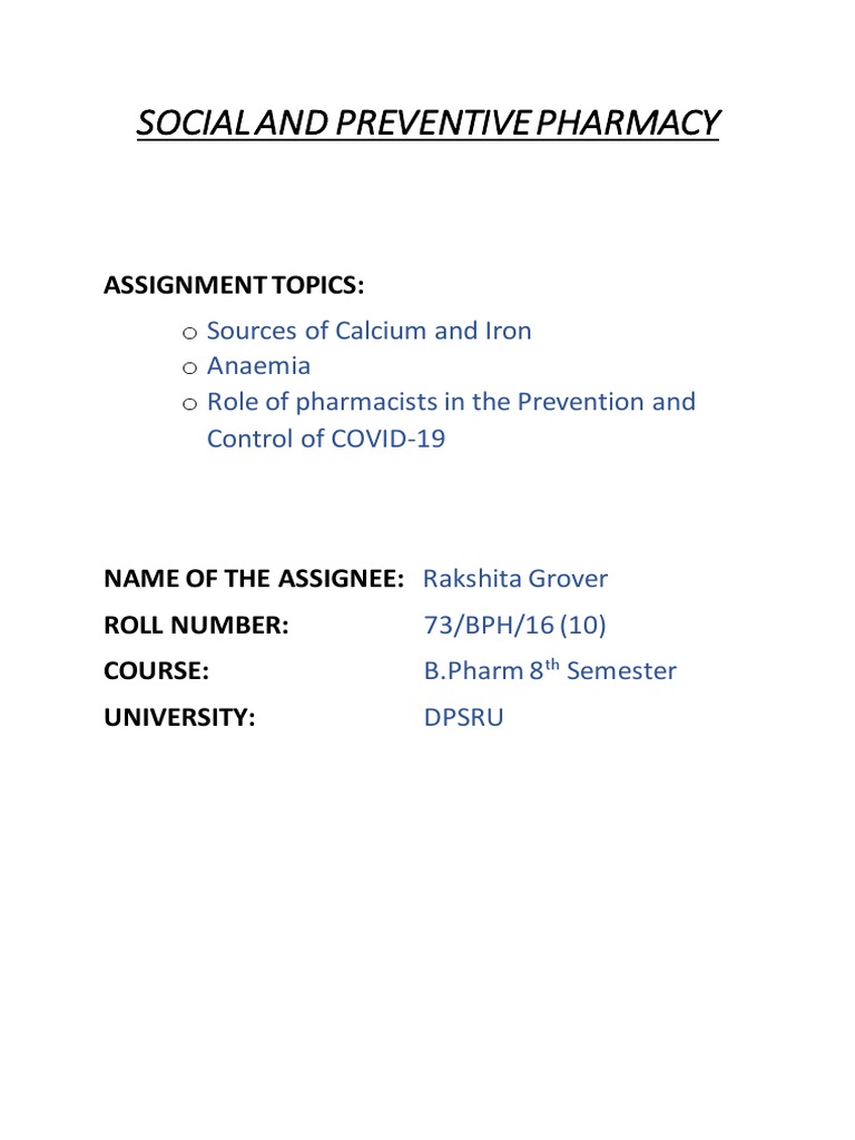 Social and Preventive Pharmacy: Assignment Topics | PDF | Anemia | Vitamin B12