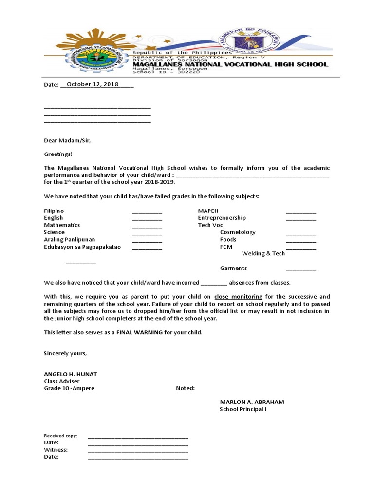 Letter To Parent of Students With Failed Grades | PDF
