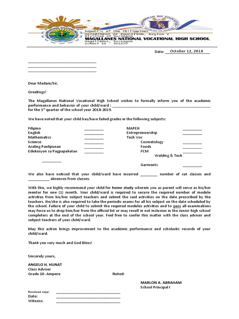 Letter To Parent of Students Adviced For Home Study | PDF | Teachers