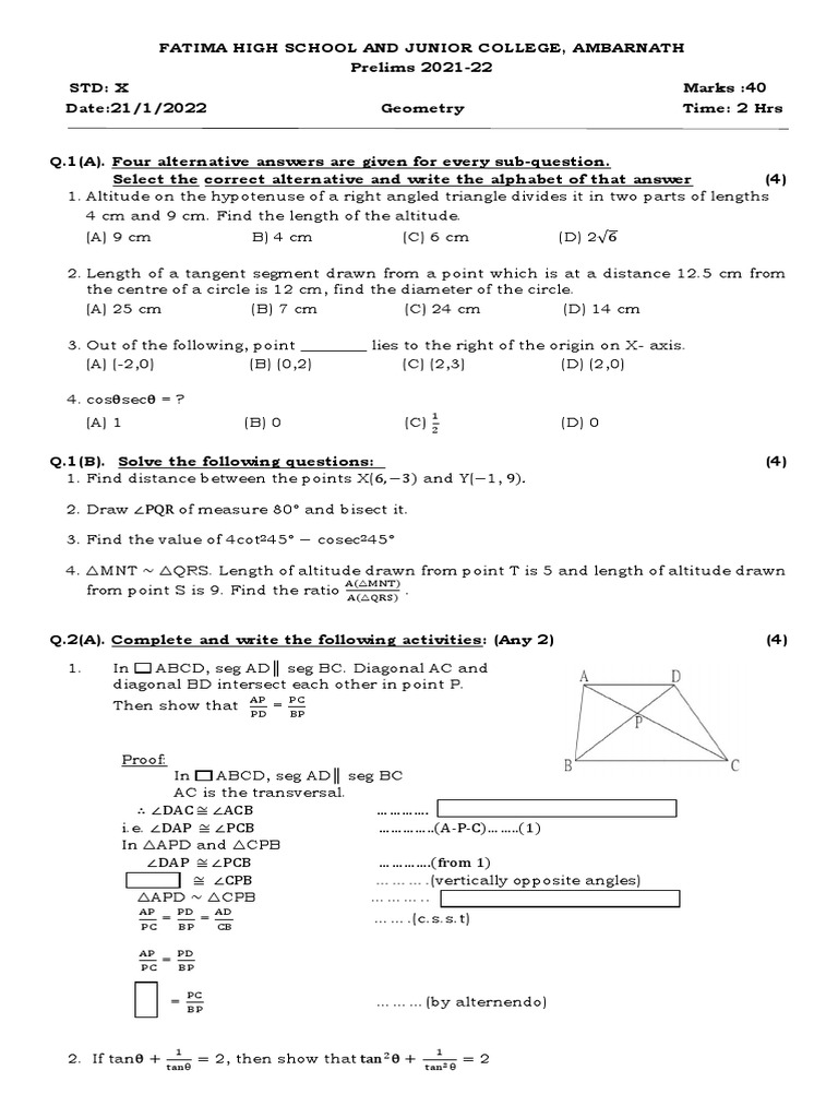 STD 10 Geometry Prelims | PDF | Circle | Triangle Geometry