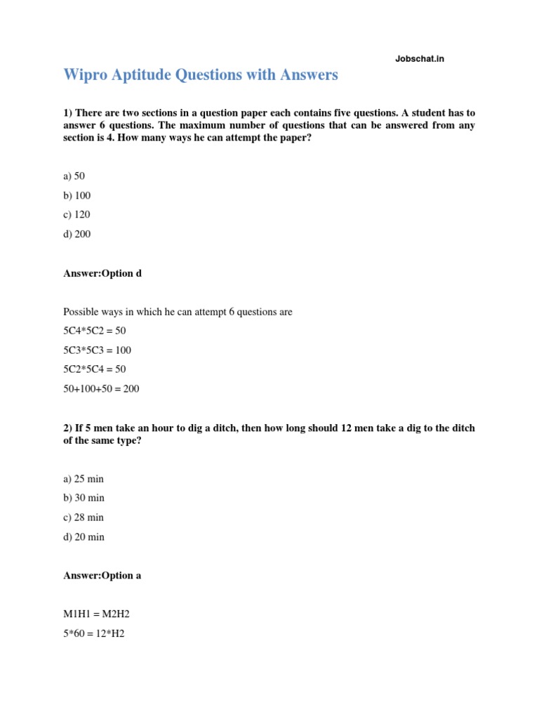 Wipro Aptitude Questions With Answers: A) 50 B) 100 C) 120 D) 200 | PDF ...