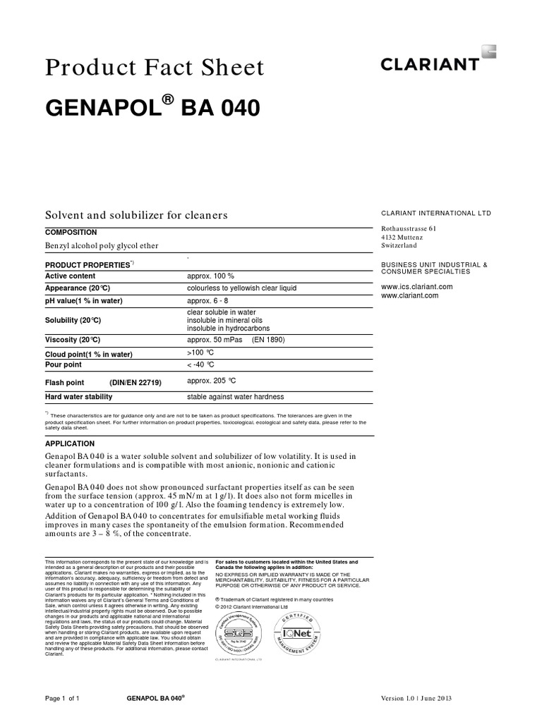 Genapol Ba 040 | PDF | Solubility | Surfactant