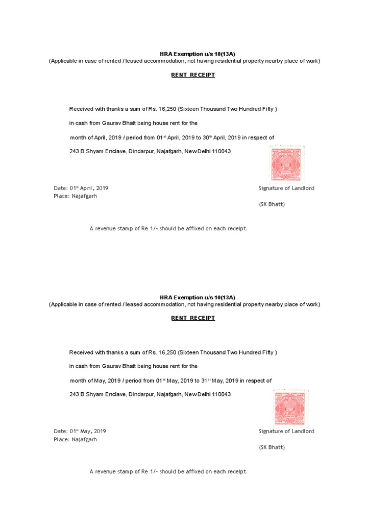 Rent Receipt For HRA Relief FY 2019 20 | PDF | Landlord | Civil Law ...