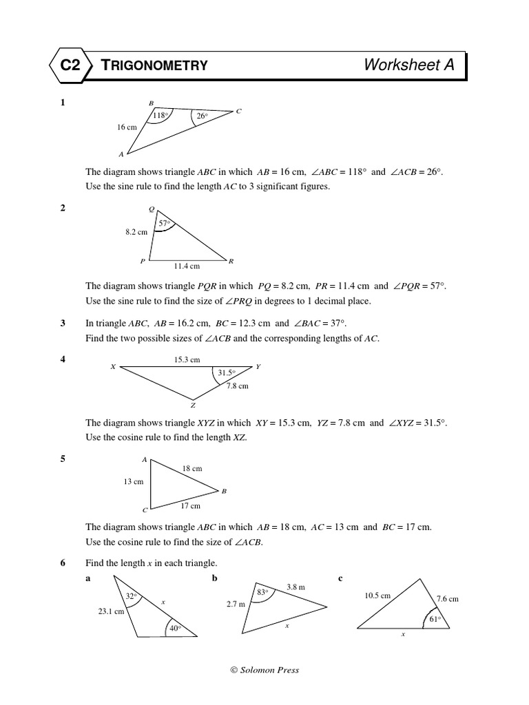 Trigonometry Worksheet A - Solve Problems Using Sine, Cosine Rules ...
