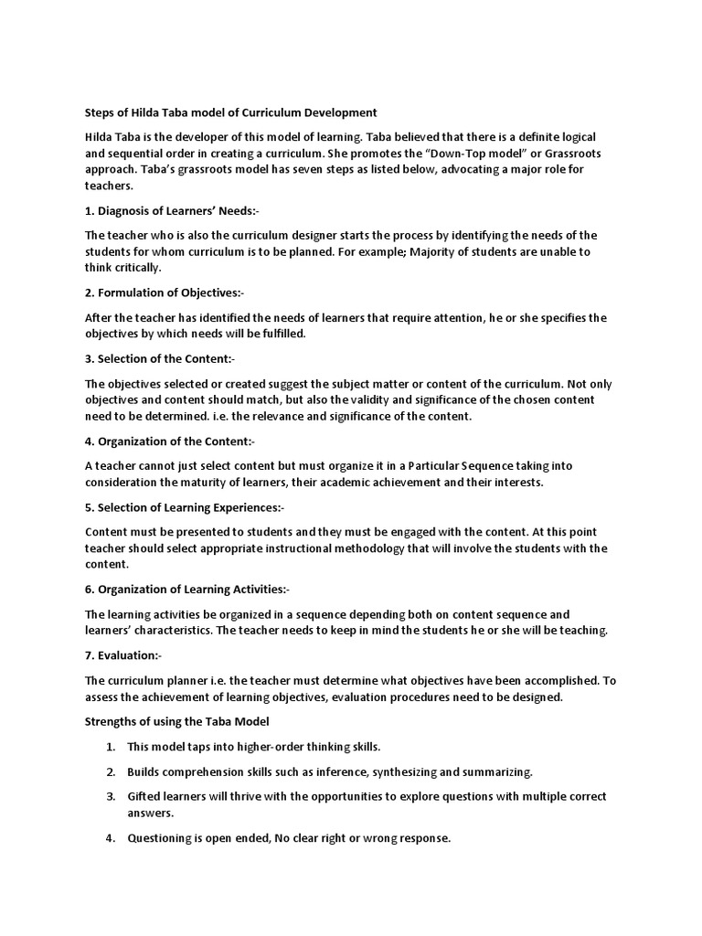 Steps of Hilda Taba Model of Curriculum Development | PDF | Curriculum ...