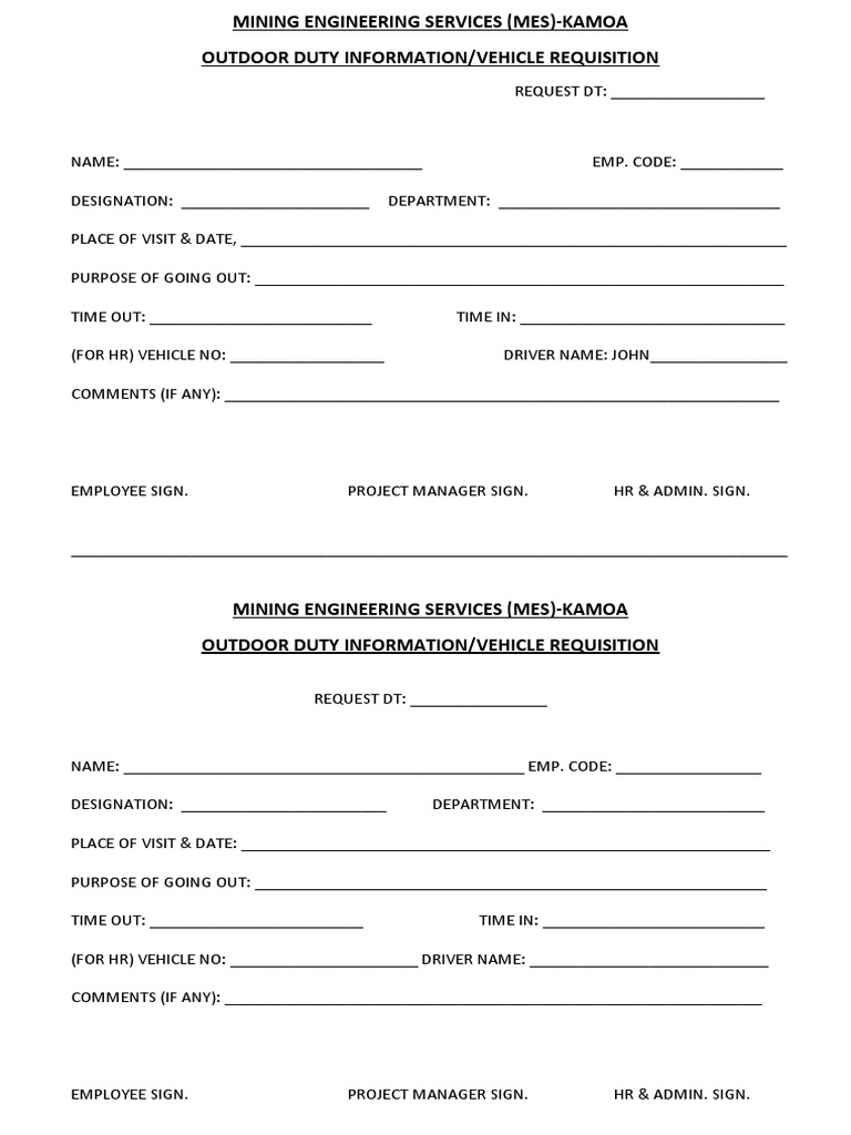 Outdoor Duty Form for MES Employees | PDF | Business