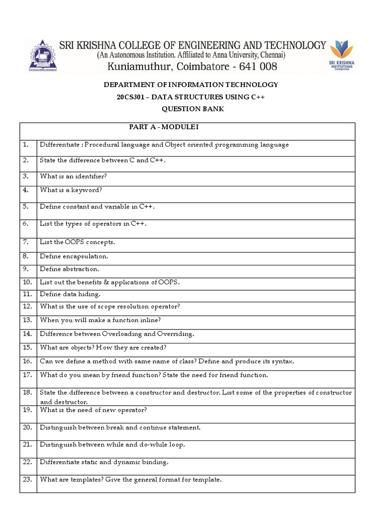 Department of Information Technology 20Cs301 - Data Structures Using ...
