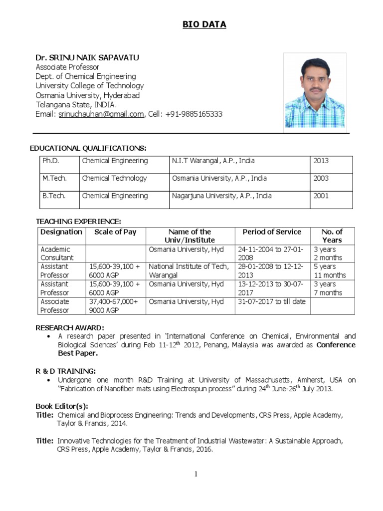 Bio Data-Srinu Naik-Updated | PDF | Engineering | Chemistry Bio Data-Srinu Naik-Updated | PDF | Engineering | Chemistry