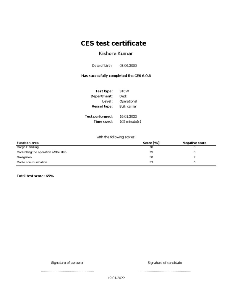 CES Test Certificate: Kishore Kumar | PDF