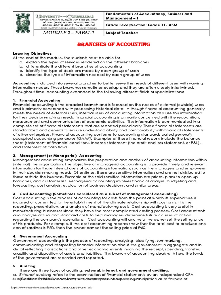 Branches of Accounting: Module 2 - Fabm-1 | PDF | Audit | Accounting