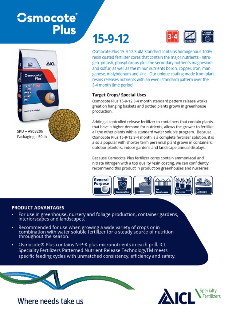 Osmocote Plus (15-9-12) (3-4M) Product Info Sheet | PDF | Fertilizer ...