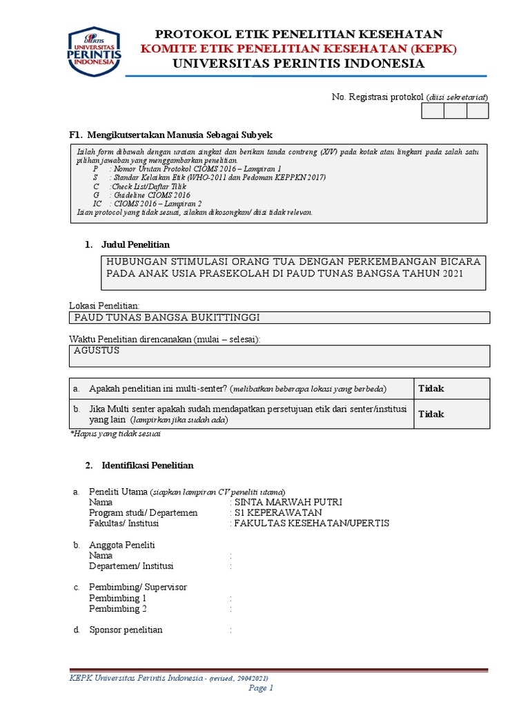 Protokol F1. Manusia Sebagai Subjek - KEPK UPERTIS | PDF