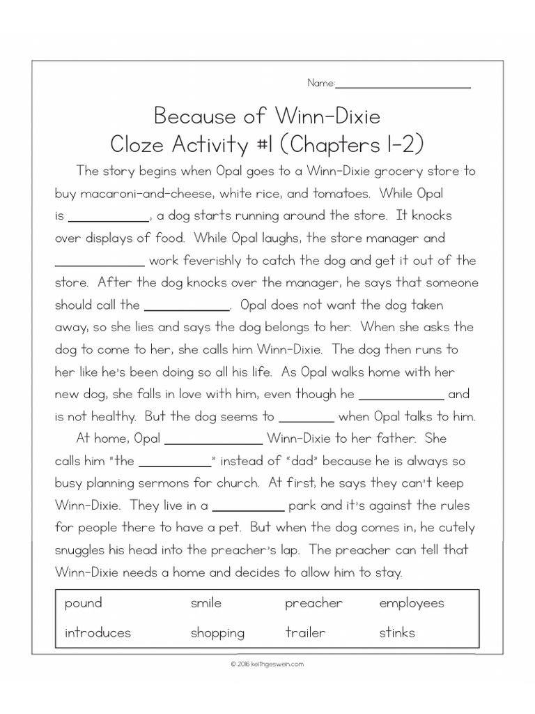 Because of Winn-Dixie Cloze Activity #1 (Chapters 1-2) : Pound Smile ...