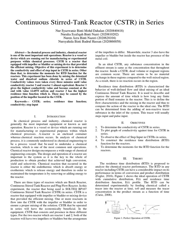 Continuous Stirred-Tank Reactor (CSTR) in Series | PDF | Chemical ...