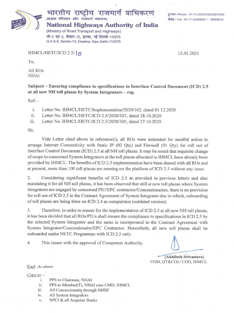 Letter To All ROs For ICD 2.5 at New Toll Plazas | PDF