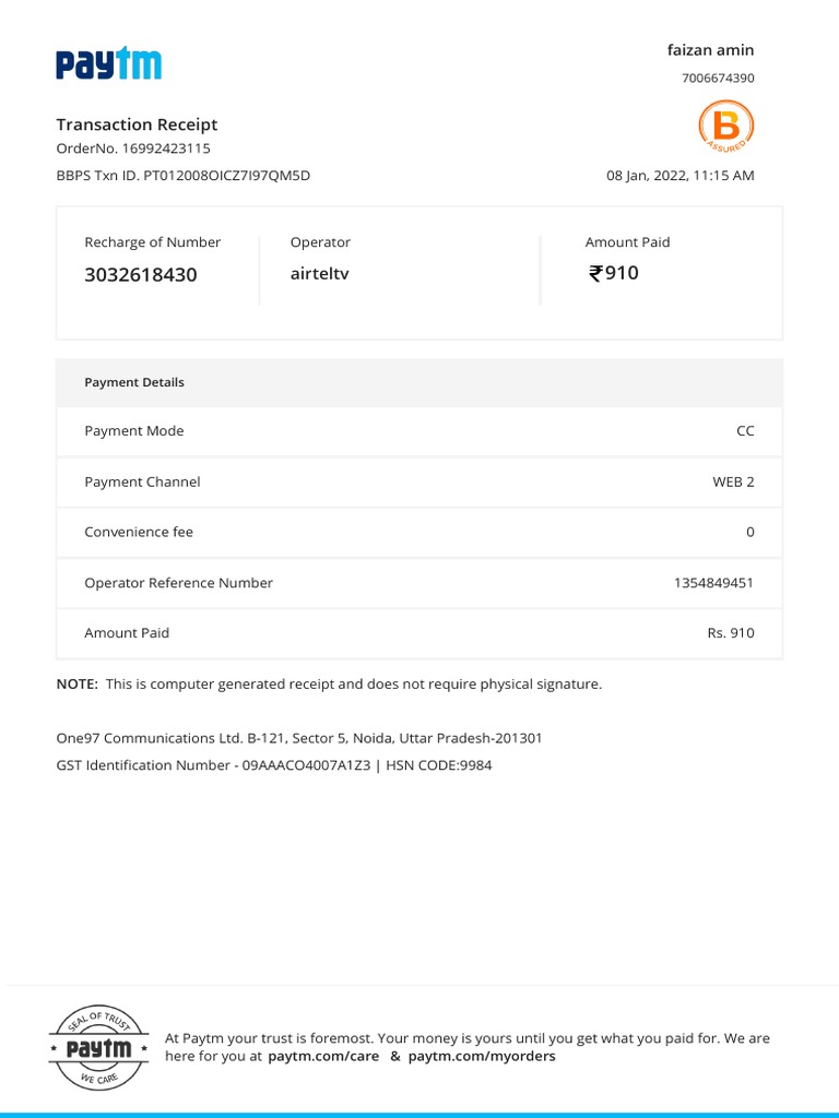 BBPS Mobile Recharge Receipt | PDF
