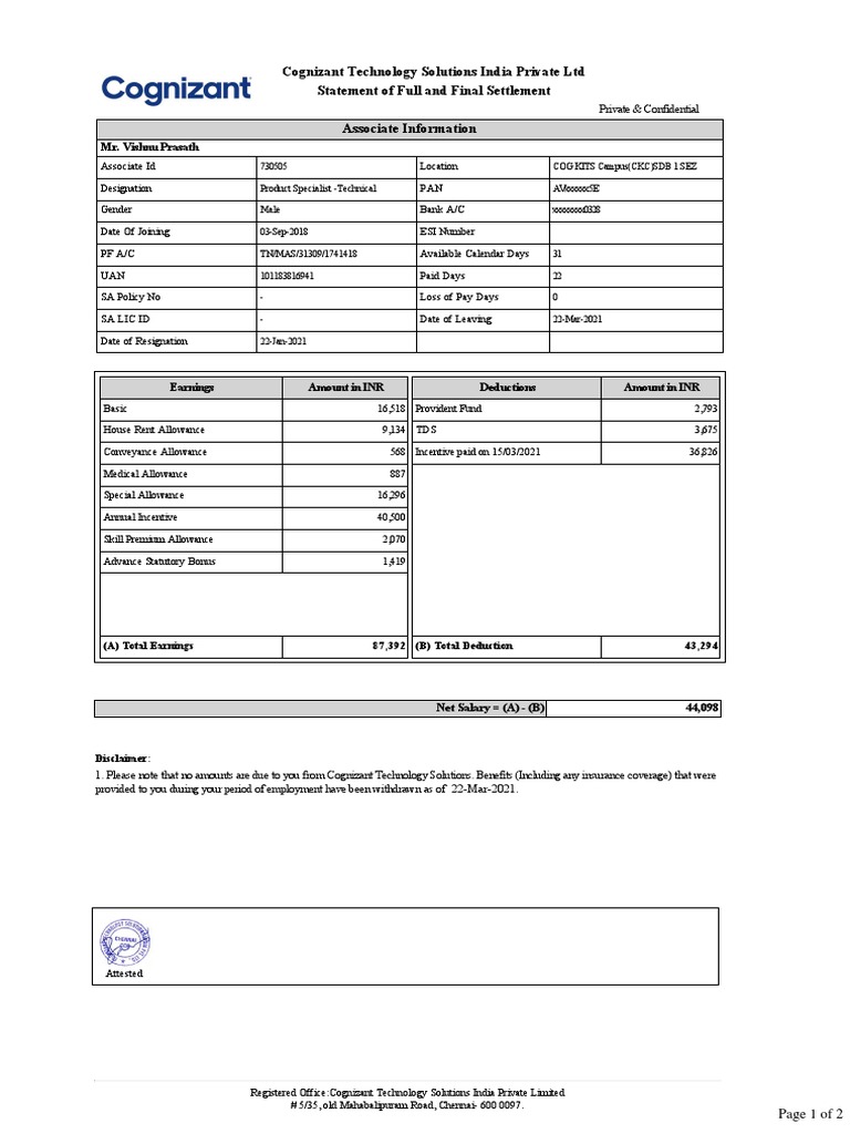 Cognizant Technology Solutions India Private LTD Statement of Full and ...