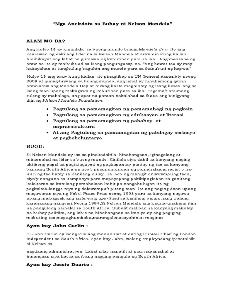 Mga Anekdota Sa Buhay Ni Nelson Mandela | PDF