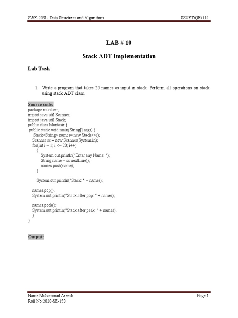 LAB # 10 Stack ADT Implementation | PDF | Software Development ...