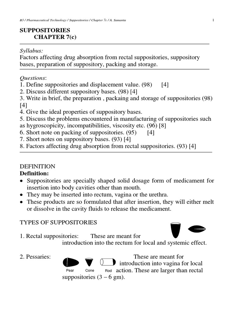 Syllabus:: Suppositories CHAPTER 7 (C) | PDF | Polyethylene Glycol ...