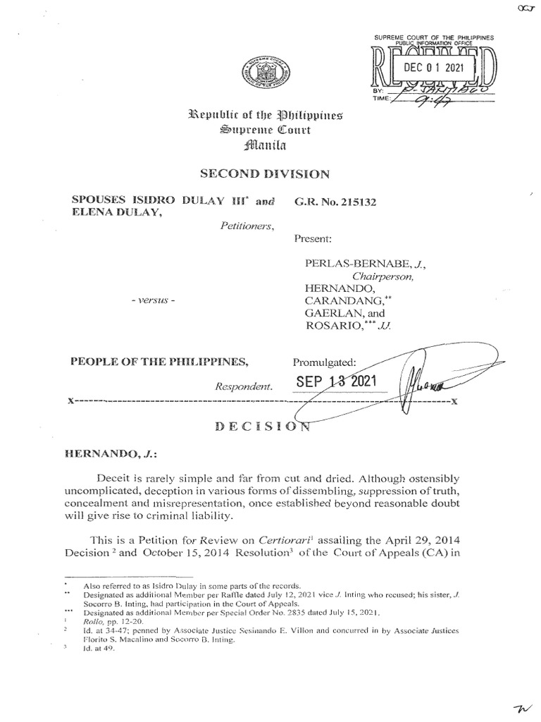 Estafa Case: Dulay vs. People of the Philippines | PDF | Fraud | Crimes