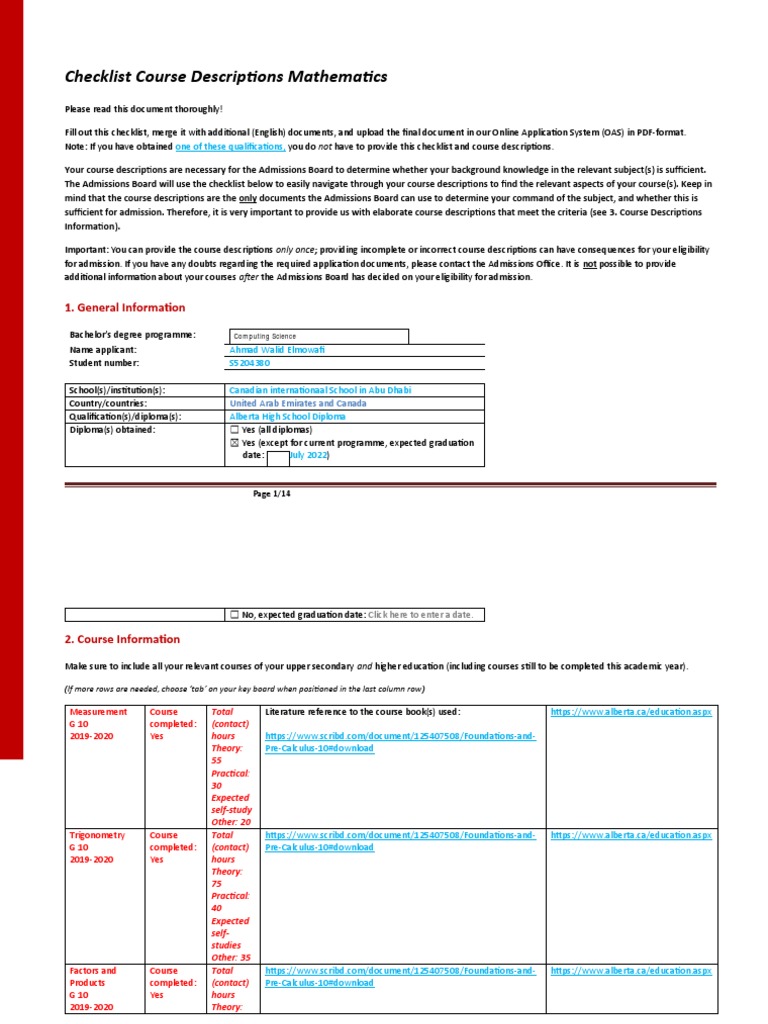 Checklist Course Descriptions Mathematics: 1. General Information | PDF ...