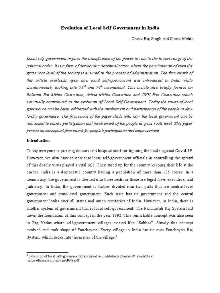 Evolution of Local Self Government in India | PDF | Politics Of India ...