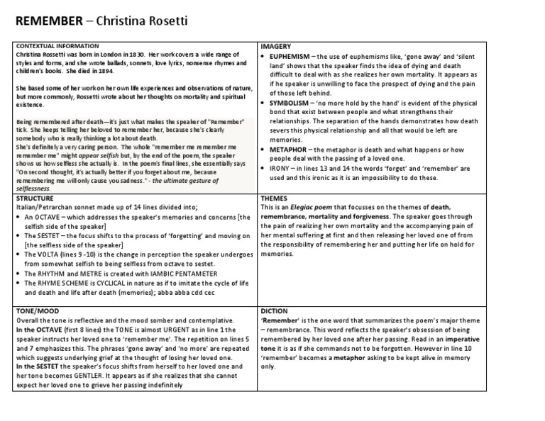 English Remember Analysis Secondary | PDF | Poetic Form | Stanzaic Form