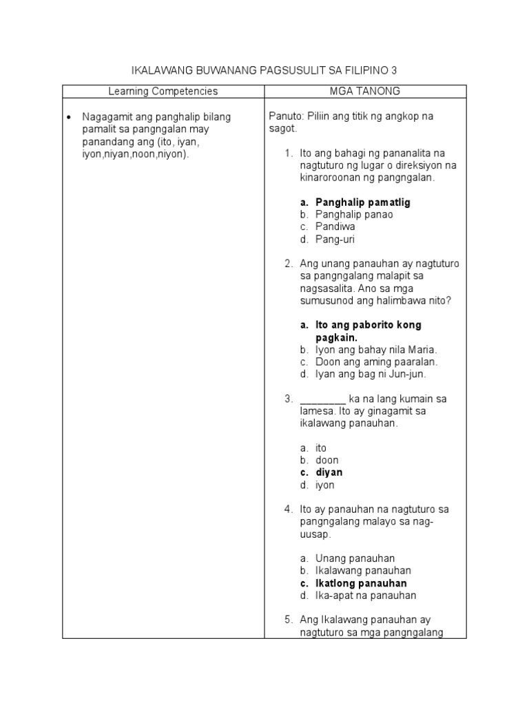 FILIPINO Mga Tanong | PDF
