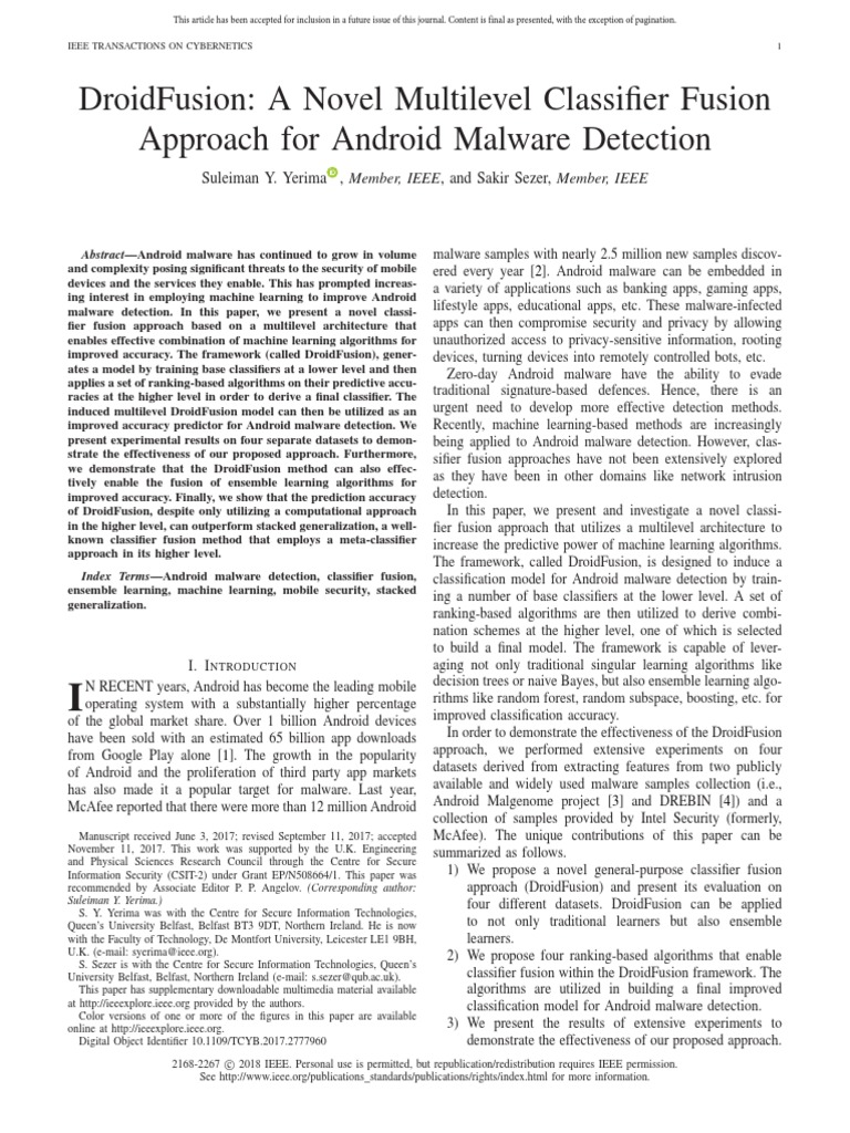 Droidfusion: A Novel Multilevel Classifier Fusion Approach For Android Malware Detection | PDF ...