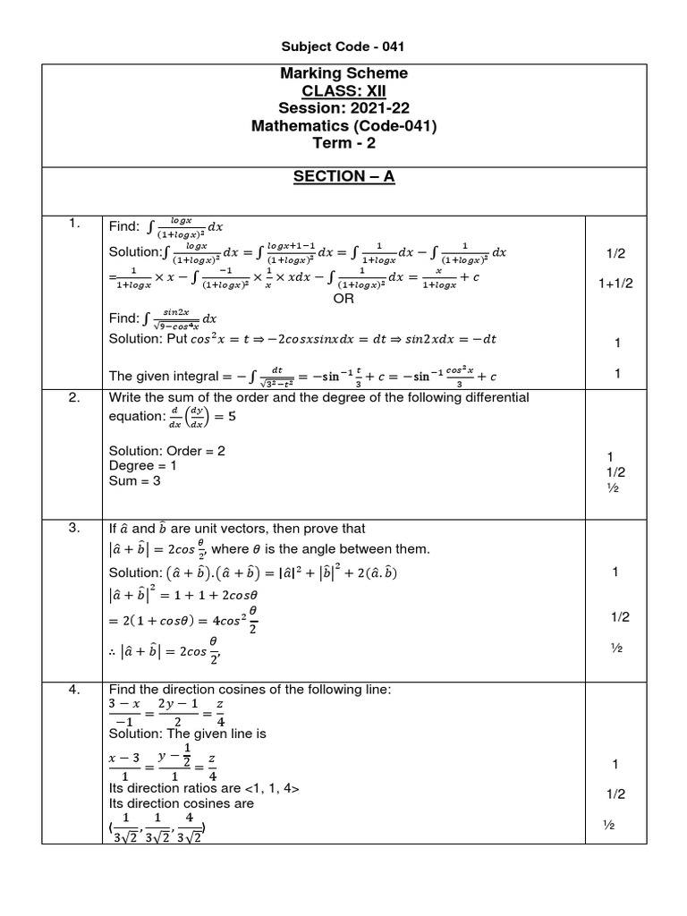 Marking Scheme Class: Xii Session: 2021-22 Mathematics (Code-041) Term - 2 Section - A | PDF ...