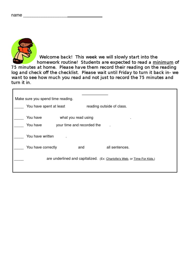 Weekly Homework Packet Due Friday, September 12th: Reading Log | PDF