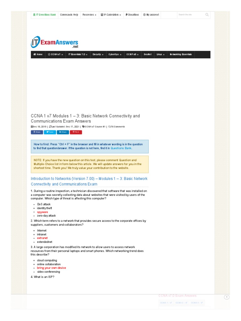 CCNA 1 v7 Modules 1-3 Exam Answers | PDF | Computer Network | Internet ...