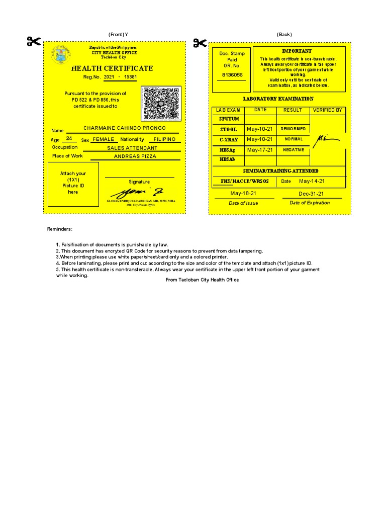 Health Certificate: Republic of The Philippines City Health Office ...