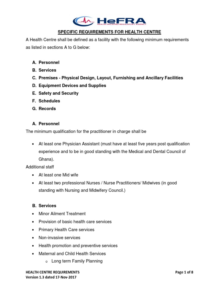 Specific Requirements For Health Centre V1.3 | PDF | Midwife | Health Care